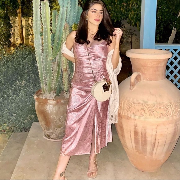 LINI | Dresses | Lini Printed Ruched Light Pink Midi Dress | Poshmark